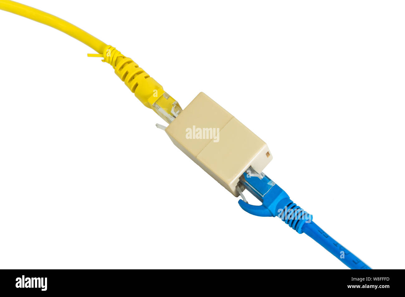 Blue and Yellow ethernet Cat5e cables plug RJ45 cable extender on a ...