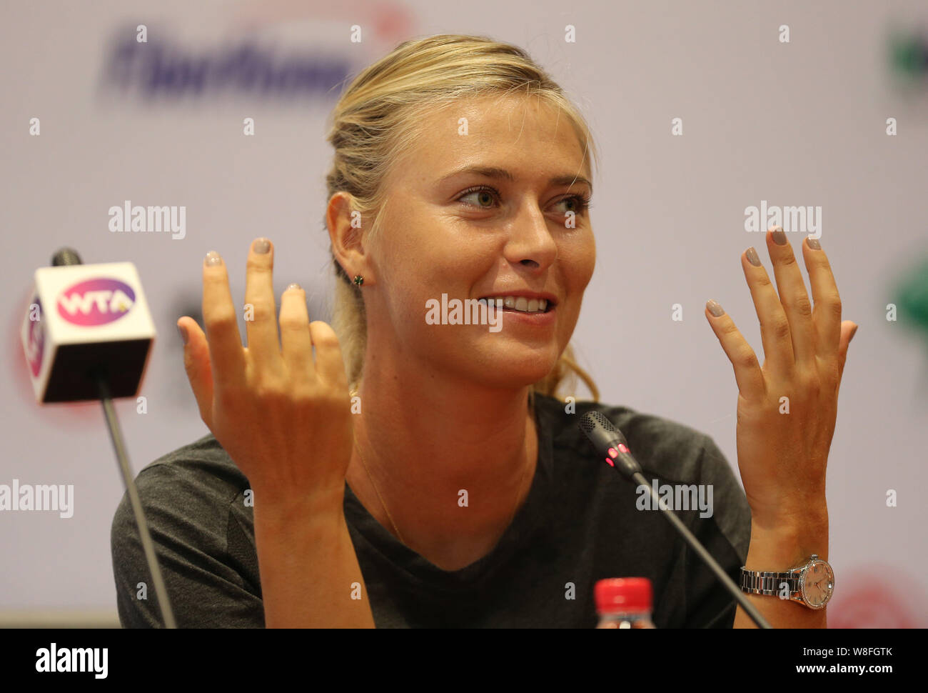 Maria Sharapova of Russia smiles at a press conference for the 2015 WTA ...