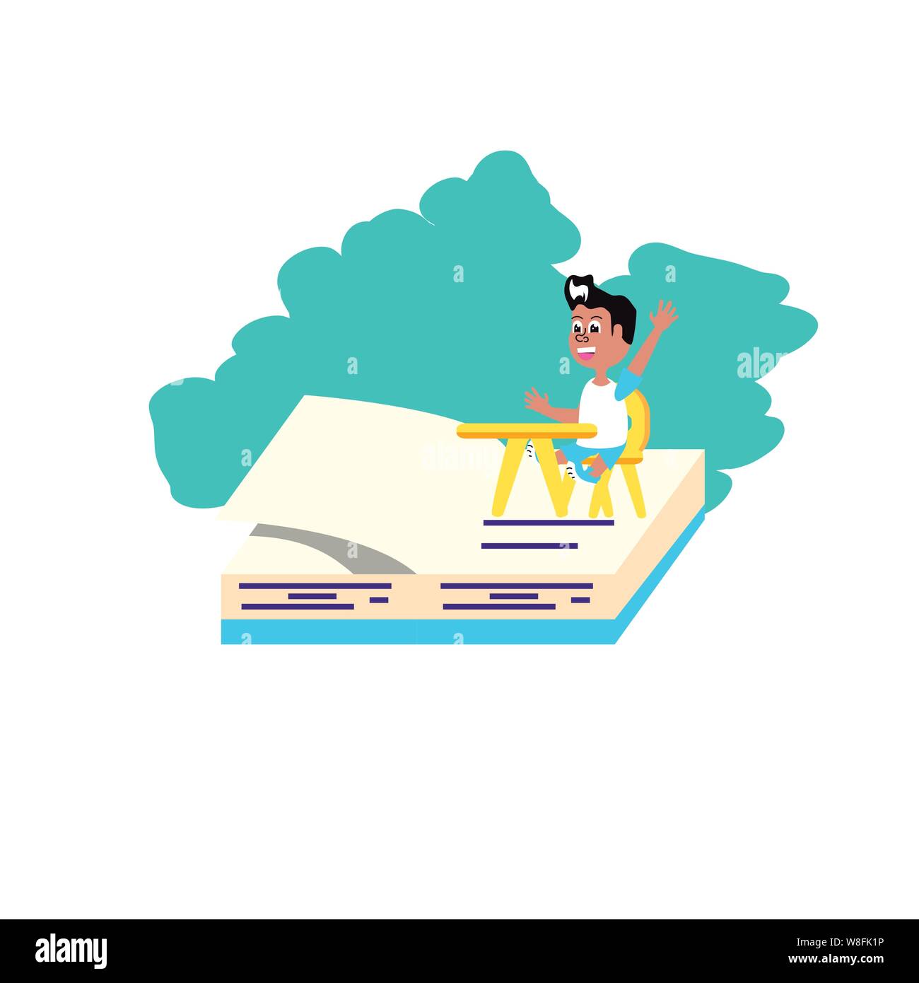 little student boy sitting in school desk with book vector illustration ...