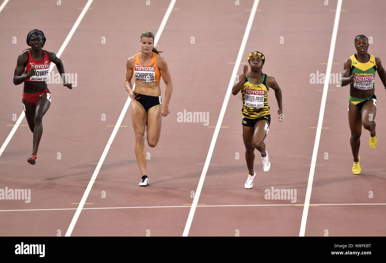 Shelly-Ann Fraser-Pryce of Jamaica, second right, and other sprinters ...