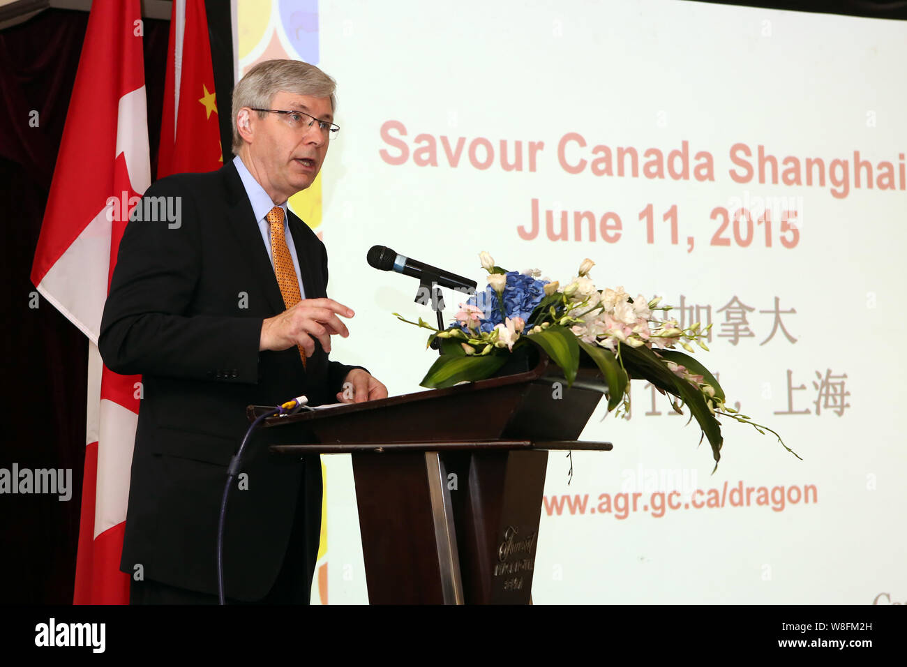Canadian Ambassador to China Guy Saint-Jacques delivers a speech during ...