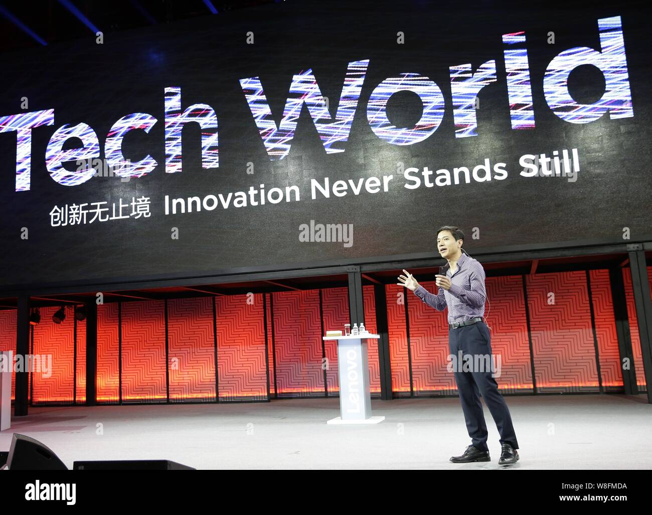 Baidu CEO Robin Li Yanhong speaks at the Lenovo Tech World in Beijing ...