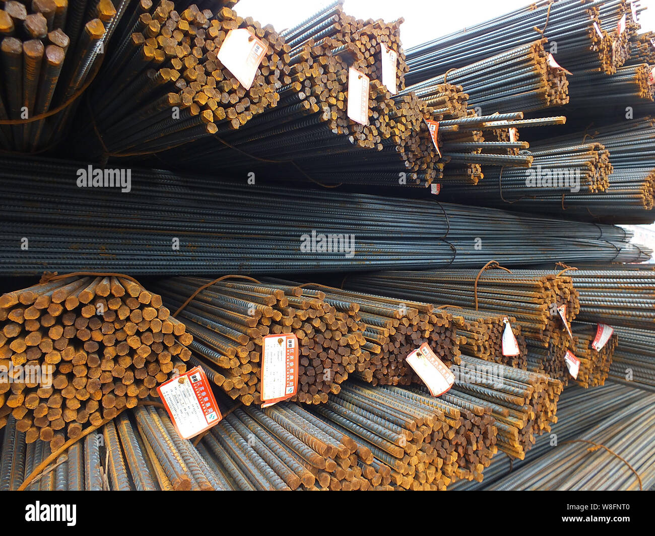 Stacks of reinforcing steel rods are pictured at a steel product market ...