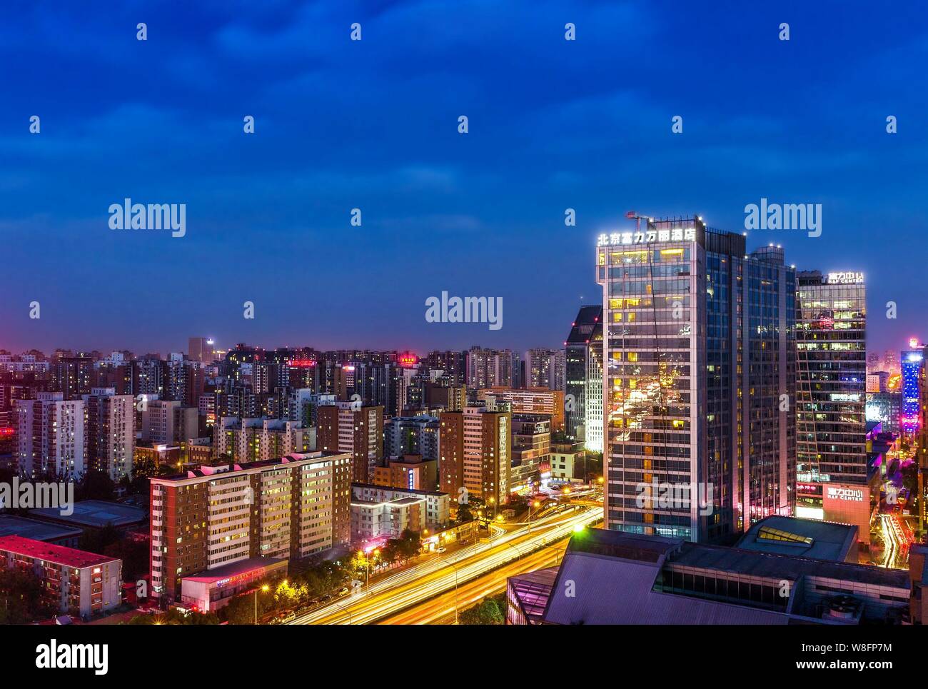 Night view of skyscrapers and high-rise office buildings in Beijing ...