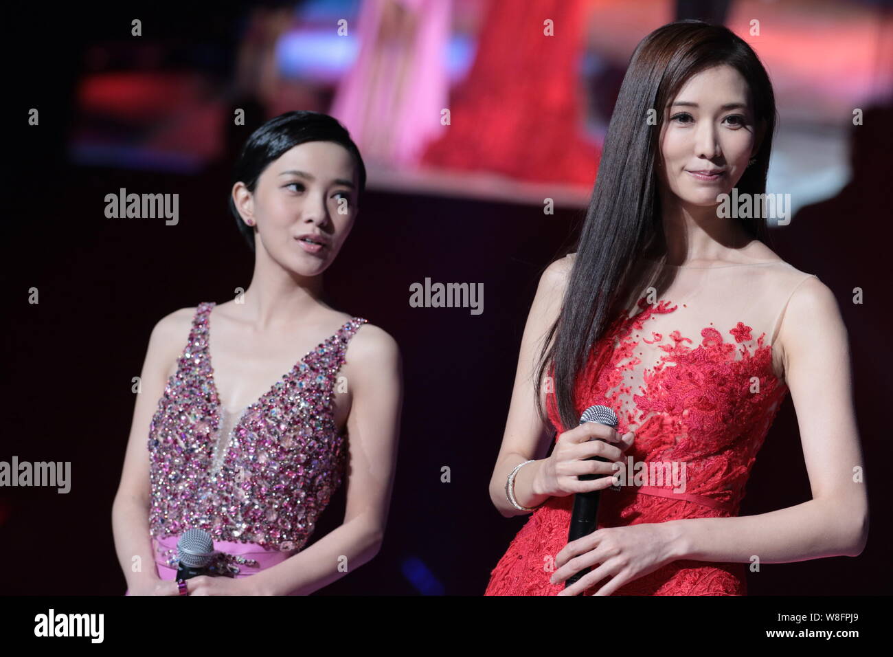 Taiwanese singer and actress Amber Kuo, left, model and actress Lin Chi-ling attend an all-star ...