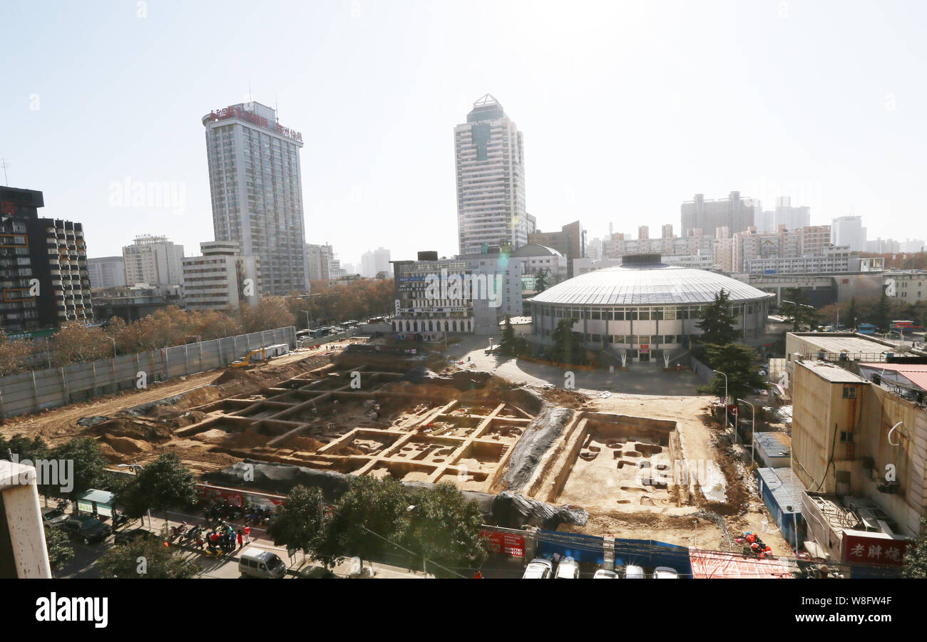 Aerial view of ancient tombs of Shang Dynasty (1600 BC-1046 BC) near ...