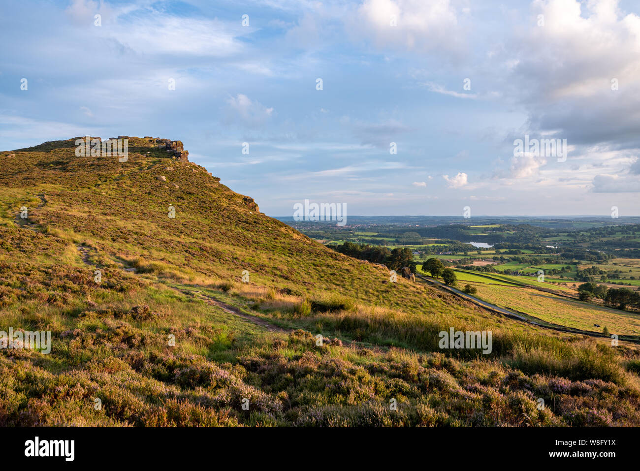 Panoramic view of Hen Cloud and The Roaches just before sunset in the ...