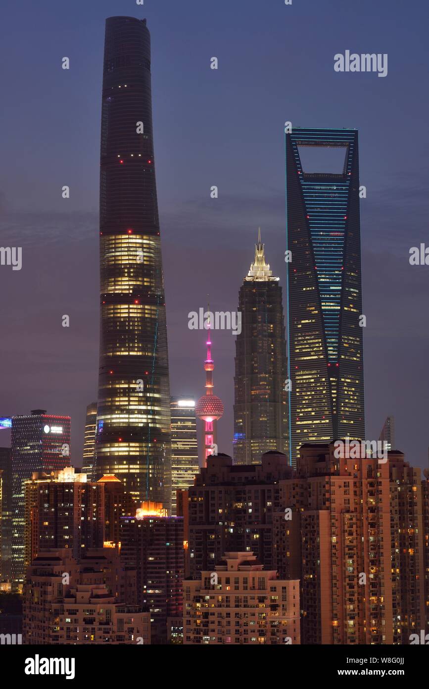 --FILE--Night view of the Lujiazui Financial District with the Shanghai ...