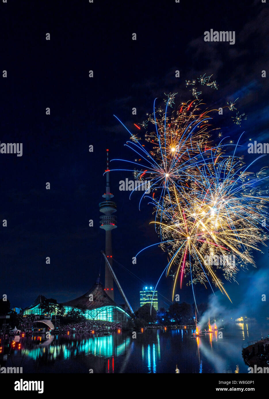 Fireworks in Olympiapark, Munich, Bavaria, Germany, Europe Stock Photo ...