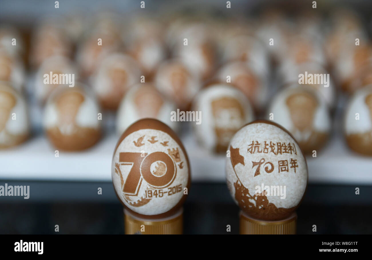 View of eggshells carved by Chinese farmer Li Aimin to commemorate the ...