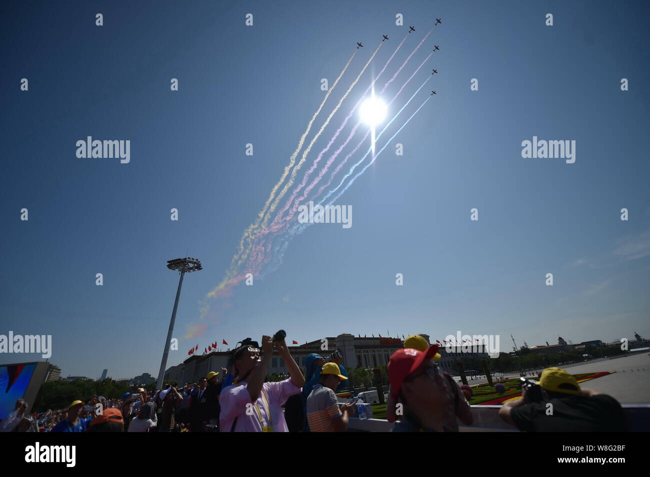 Aircraft fly in formation over Tiananmen Square during the military ...