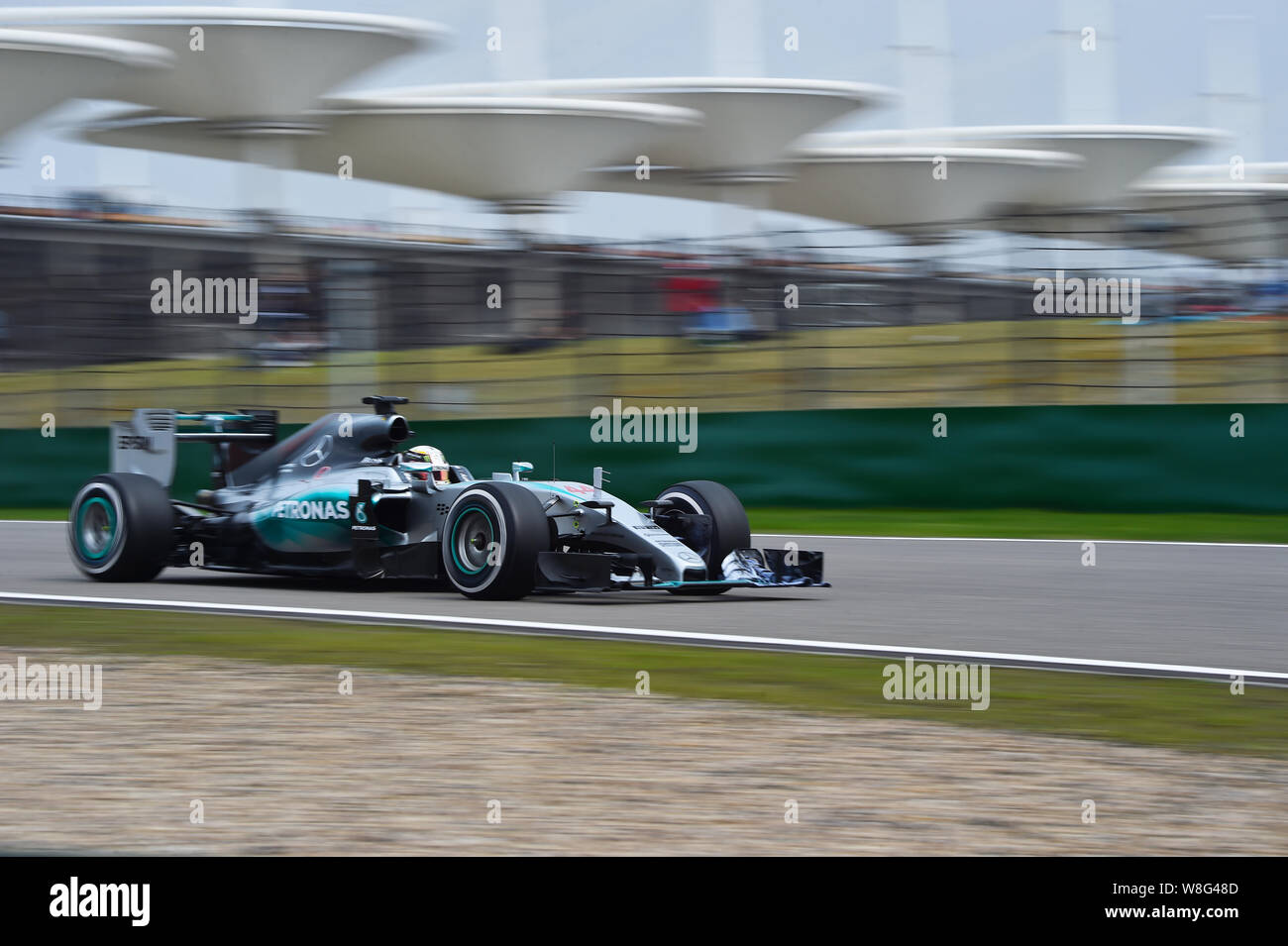British F1 driver Lewis Hamilton of Mercedes AMG steers his car during ...