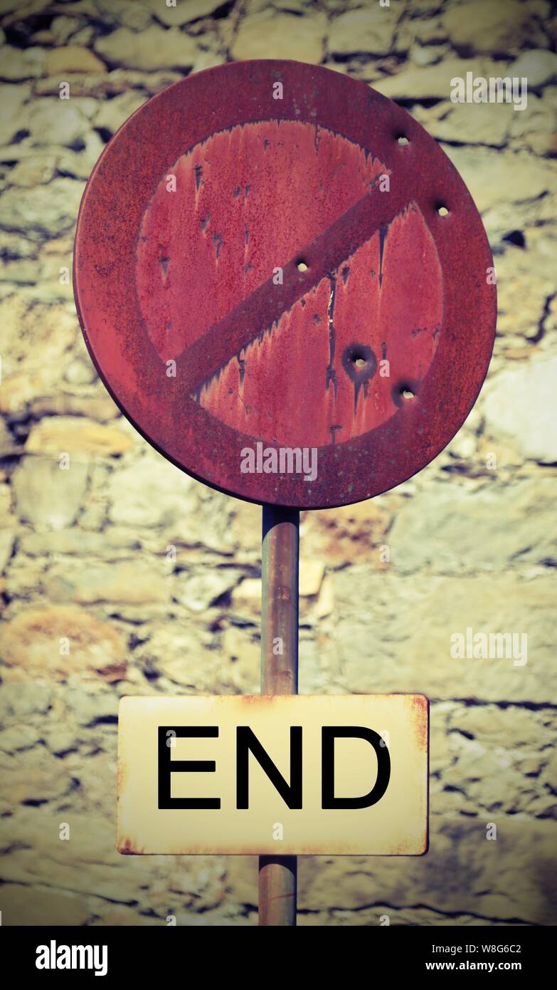 big text END under the traffic sign with vintage toned effect Stock ...