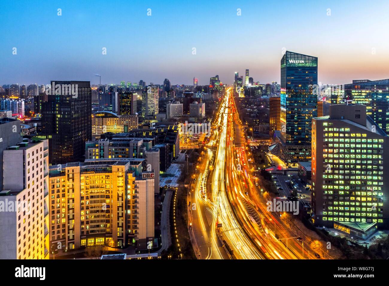 Night view of skyscrapers and high-rise office buildings in Beijing ...