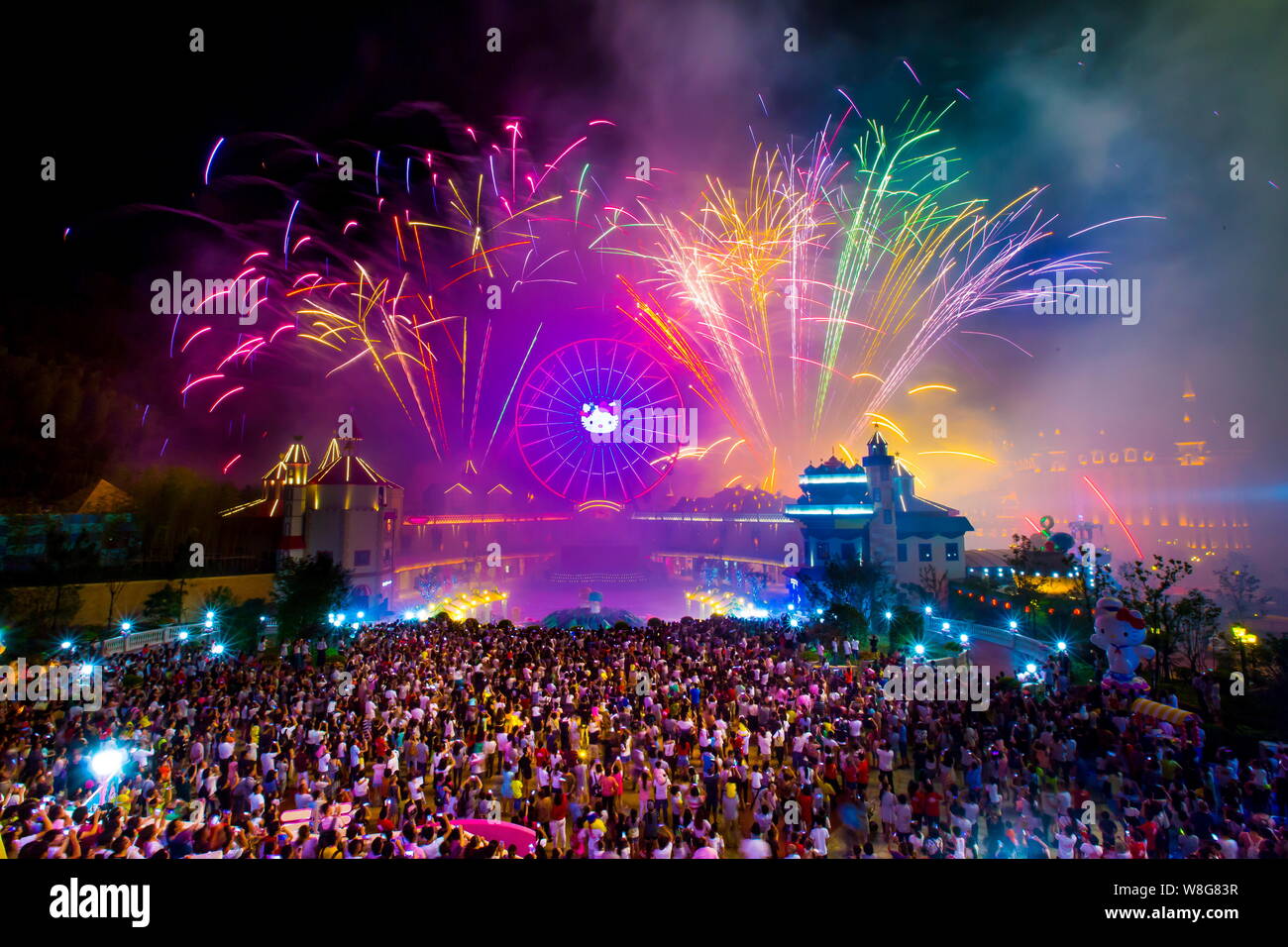 Fireworks explode over the Hello Kitty theme park in Anji county ...