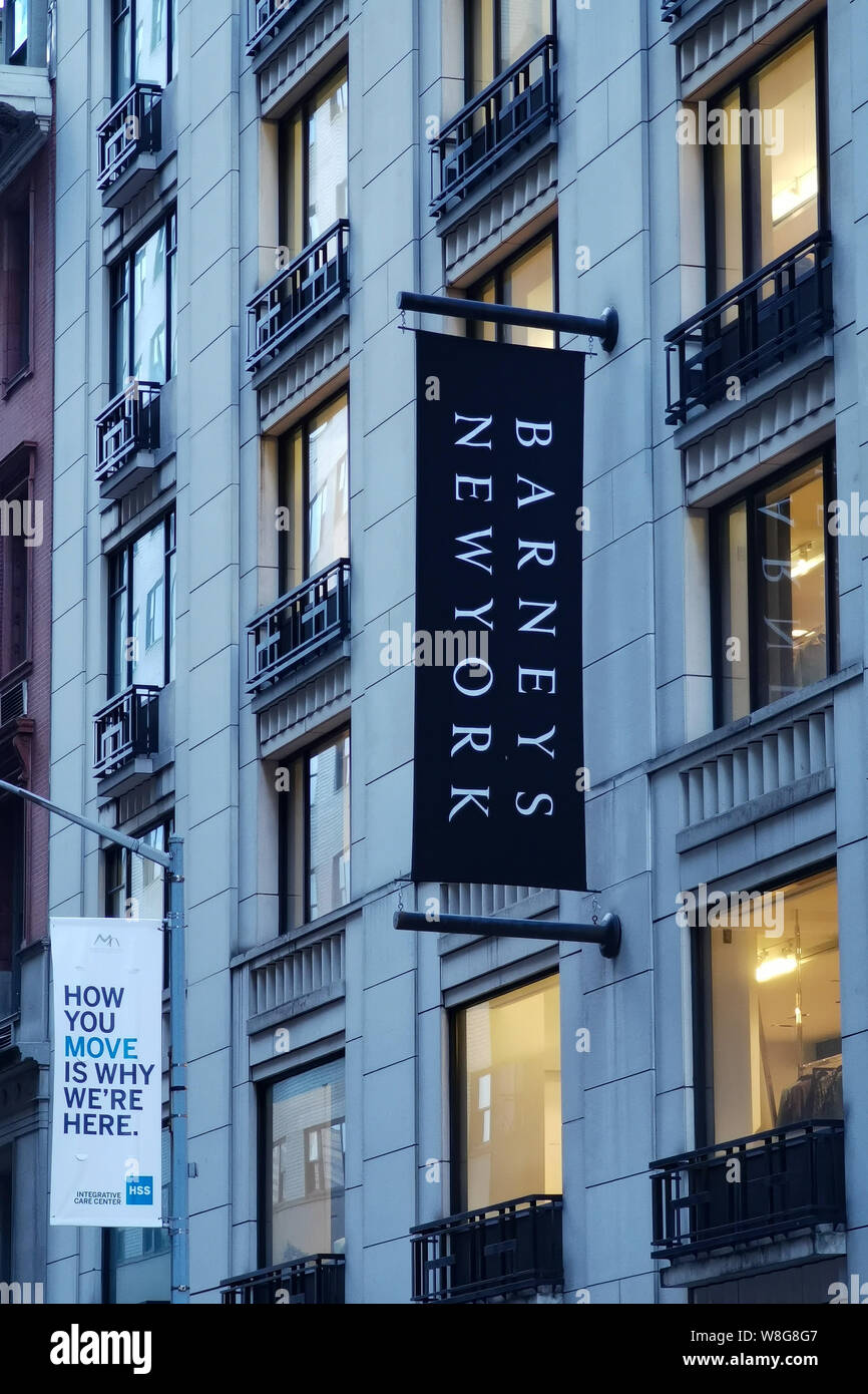 New York, USA. 8th Aug, 2019. A sign for Barneys New York hanging above ...