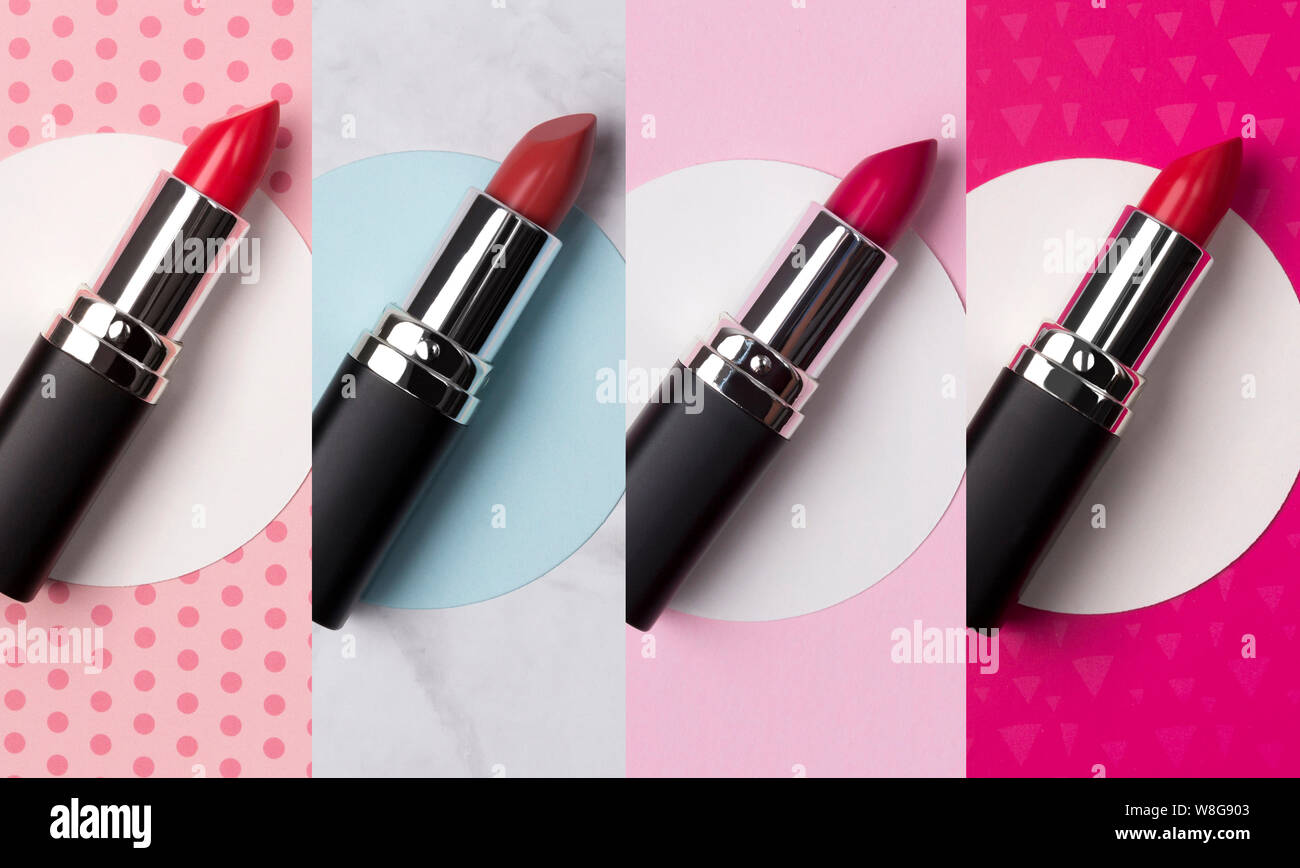 Collage with bright red lipsticks on creative background. Professional ...