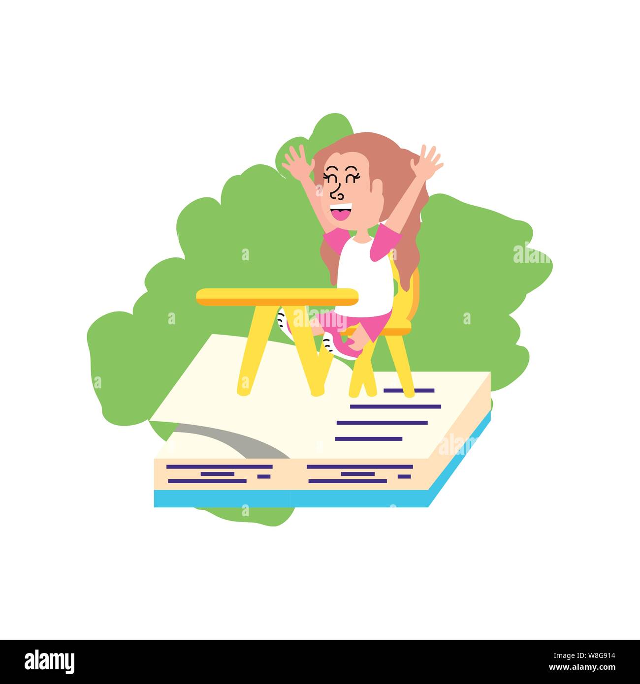little student girl sitting in school desk with book vector ...