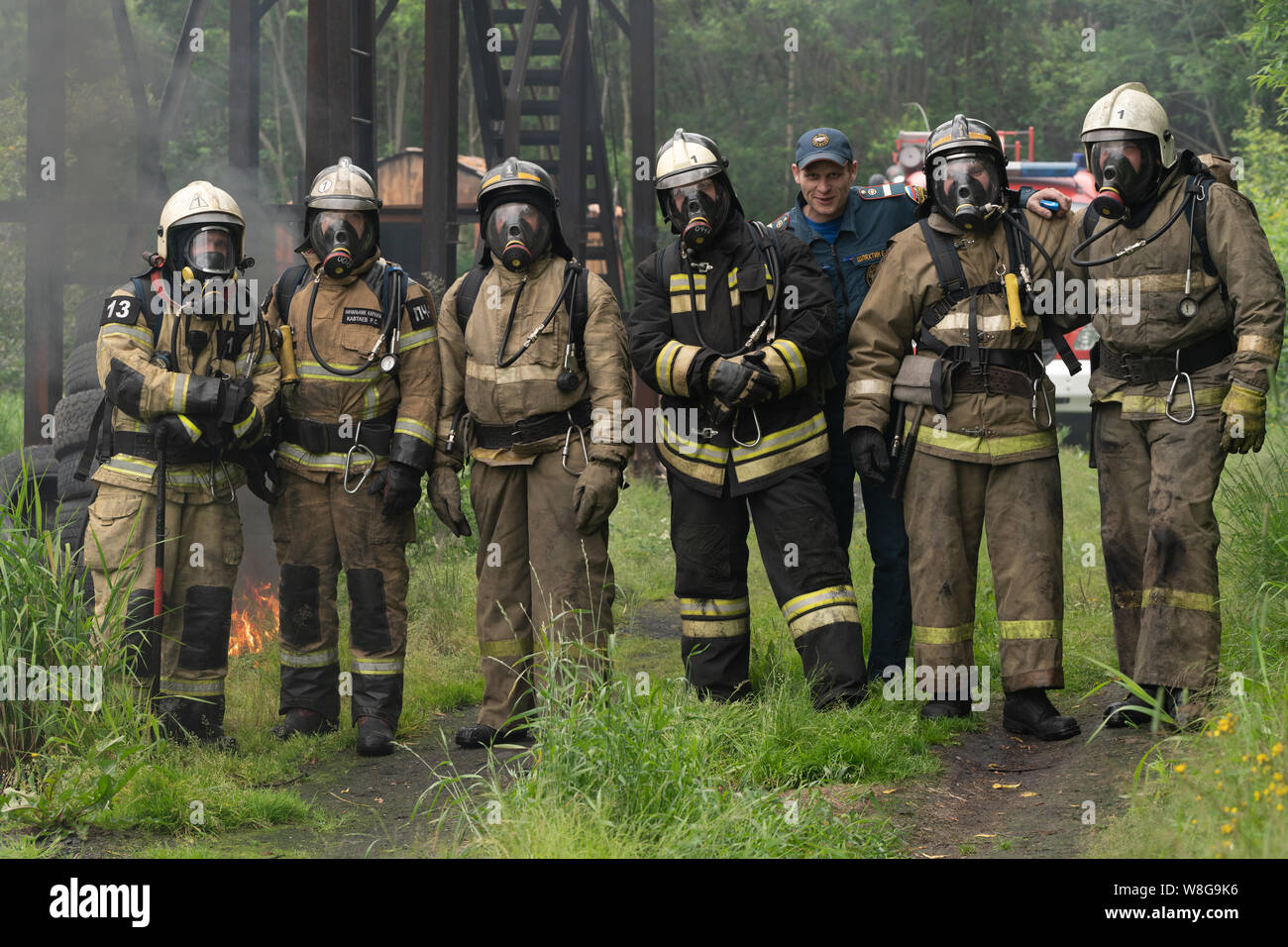 Firefighters of Federal Fire Service during fire extinguishing ...