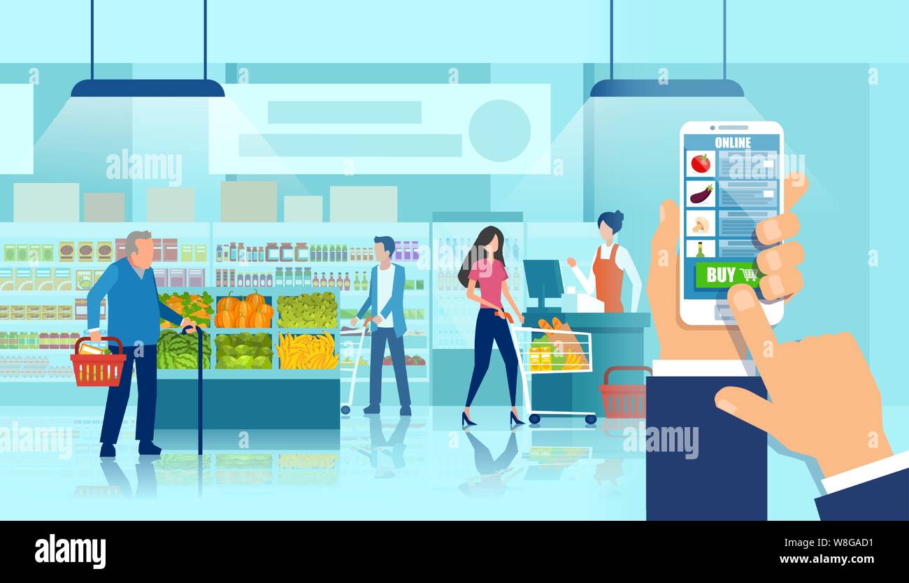 Online supermarket concept. Vector of a hand holding smartphone using ...