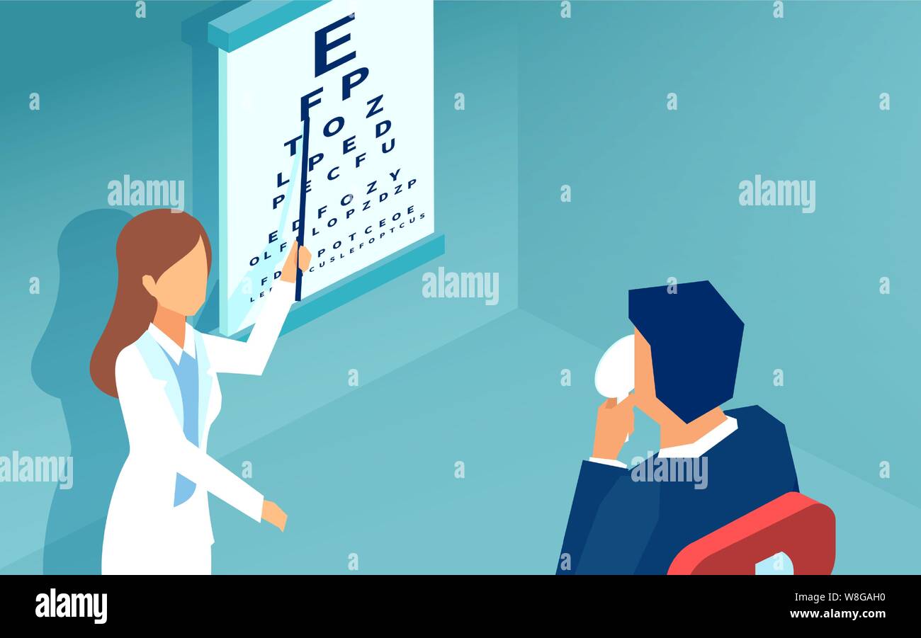 Isometric vector of a woman ophthalmologist examining patient using a ...