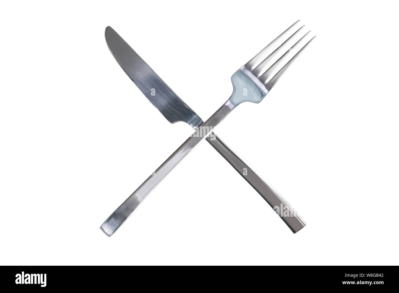 Crossed silver shiny fork and knife. Isolated white background. Time to ...