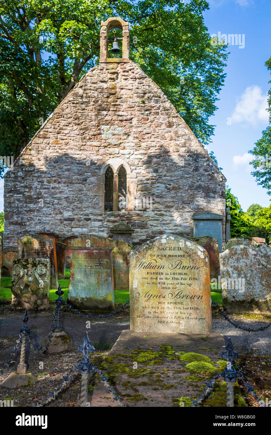 Alloway Kirk and graveyard with the grave stone of William Burns and ...