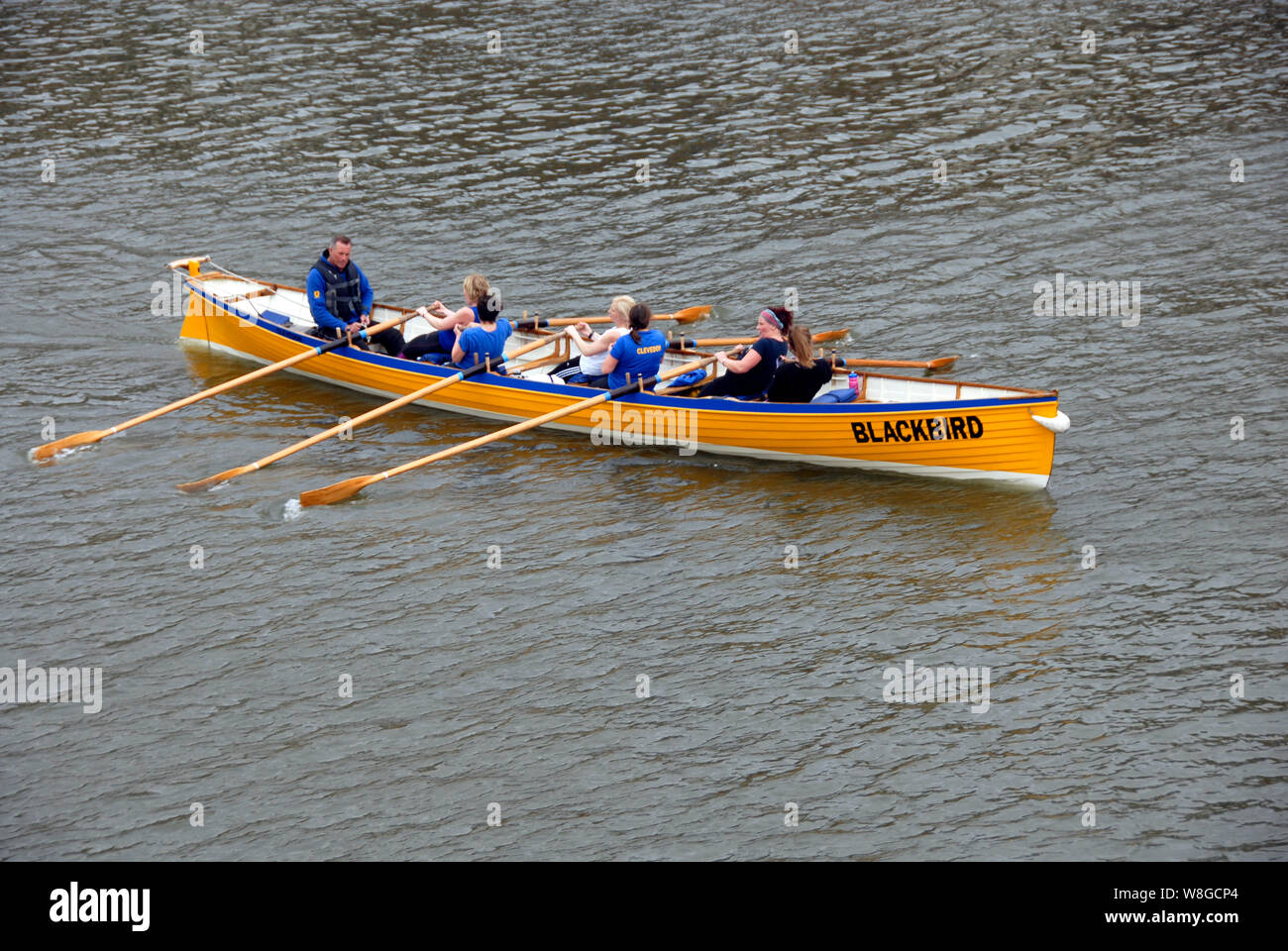 Six female rowers with male cox/instructor on river Avon, Bristol ...