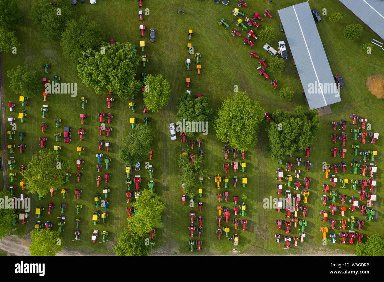 Aerial view of tractors that are parked at the 2019 Iowa Tractor Ride ...
