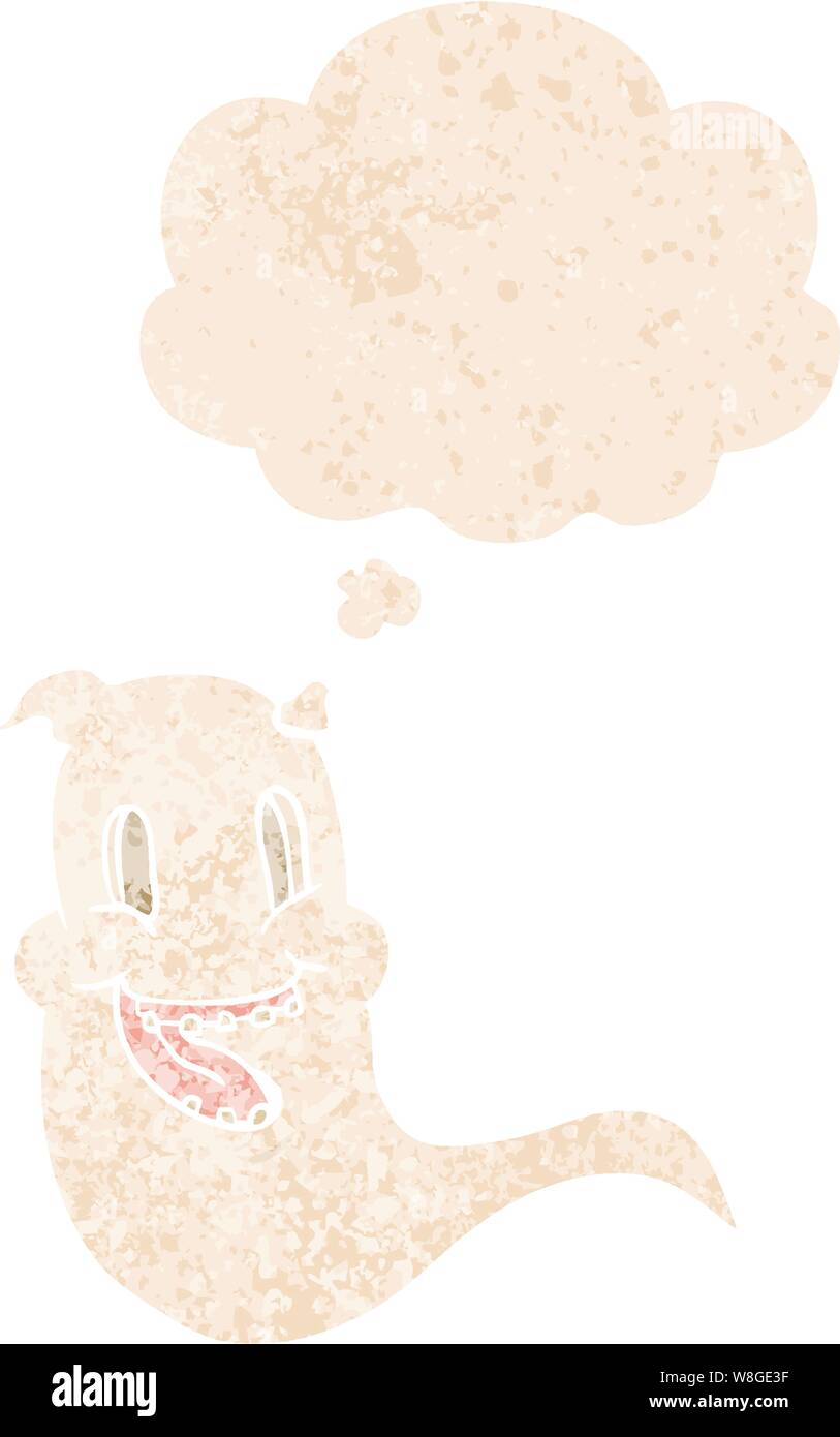 cartoon spooky ghost with thought bubble in grunge distressed retro ...