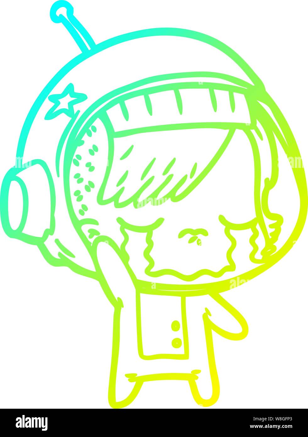 cold gradient line drawing of a cartoon crying astronaut girl waving ...