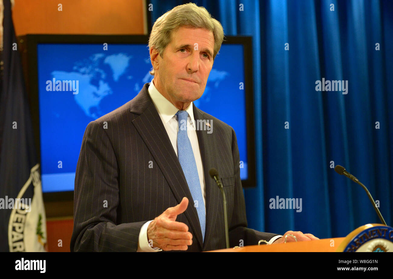 United States Secretary of State John Kerry speaking to an audience ...