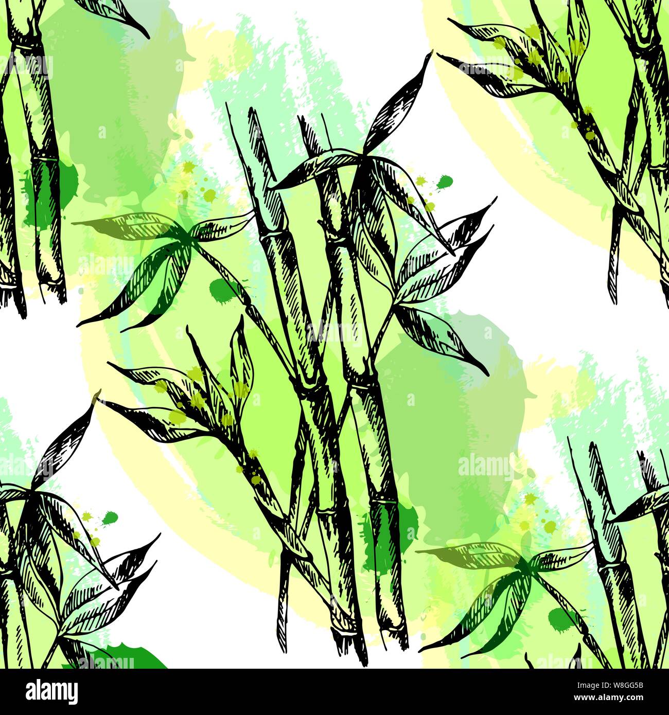 Seamless pattern of hand drawn sketch style bamboo stems with leaves ...