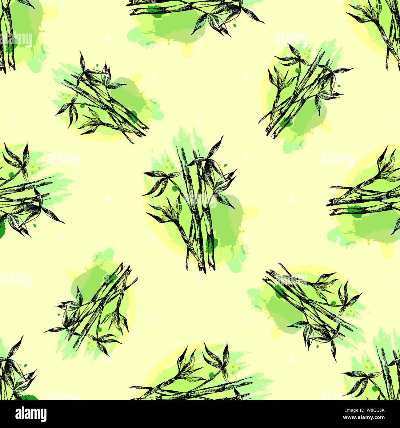 Seamless pattern of hand drawn sketch style bamboo stems with leaves ...