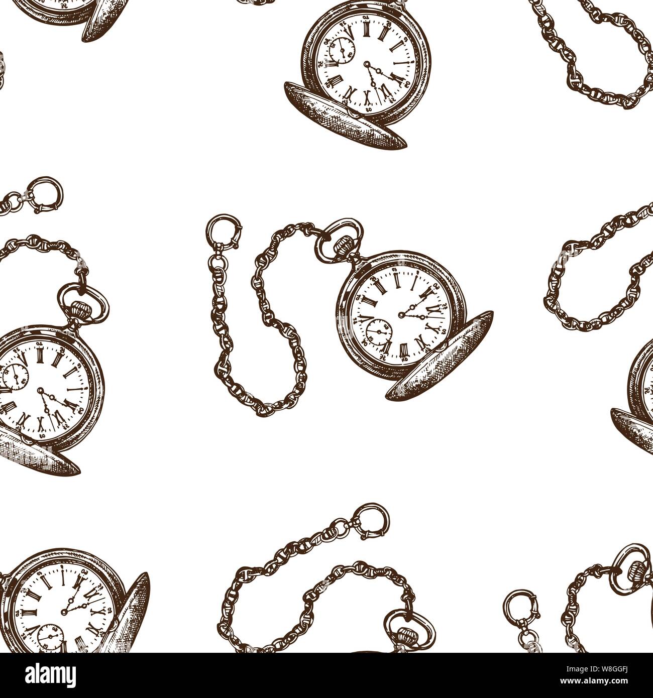 Seamless pattern of hand drawn sketch style pocket watches isolated on ...