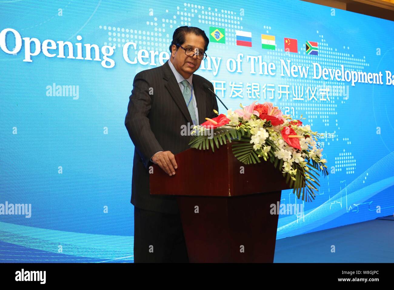 K.V. Kamath, president of the New Development Bank, delivers a speech ...