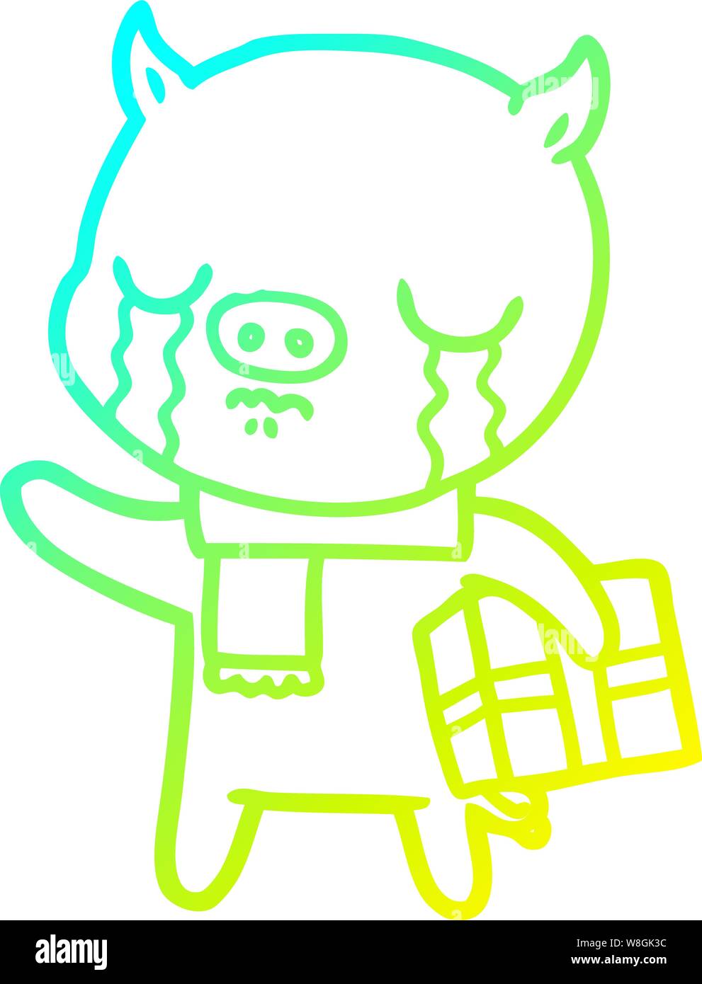 cold gradient line drawing of a cartoon pig crying over christmas ...