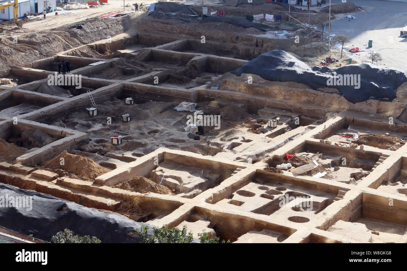 Aerial view of ancient tombs of Shang Dynasty (1600 BC-1046 BC) near ...