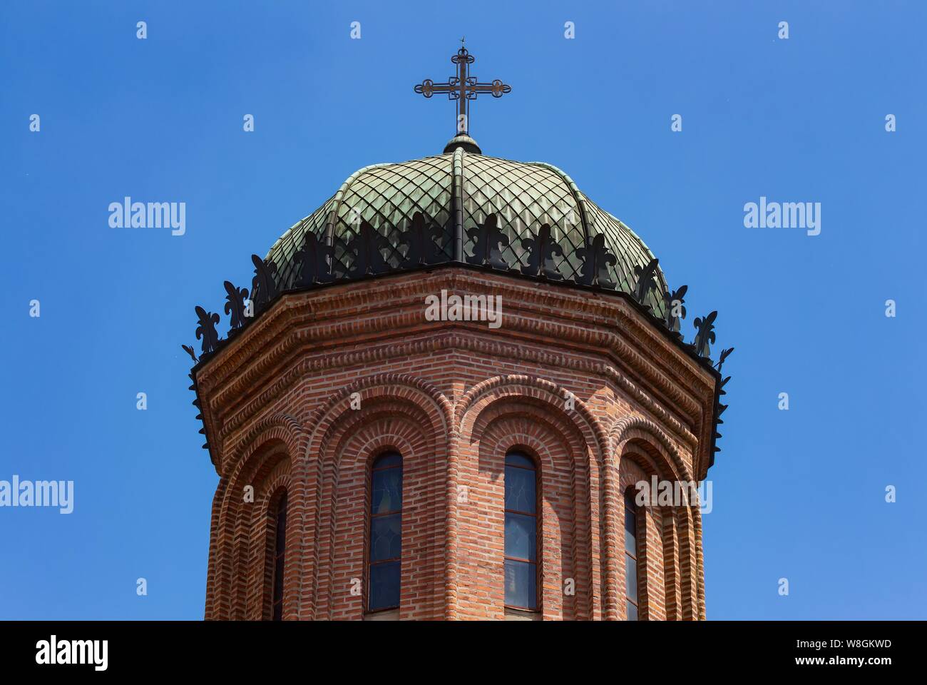 Bucharest, Romania - July 11, 2019: The cupola with cross of the front ...