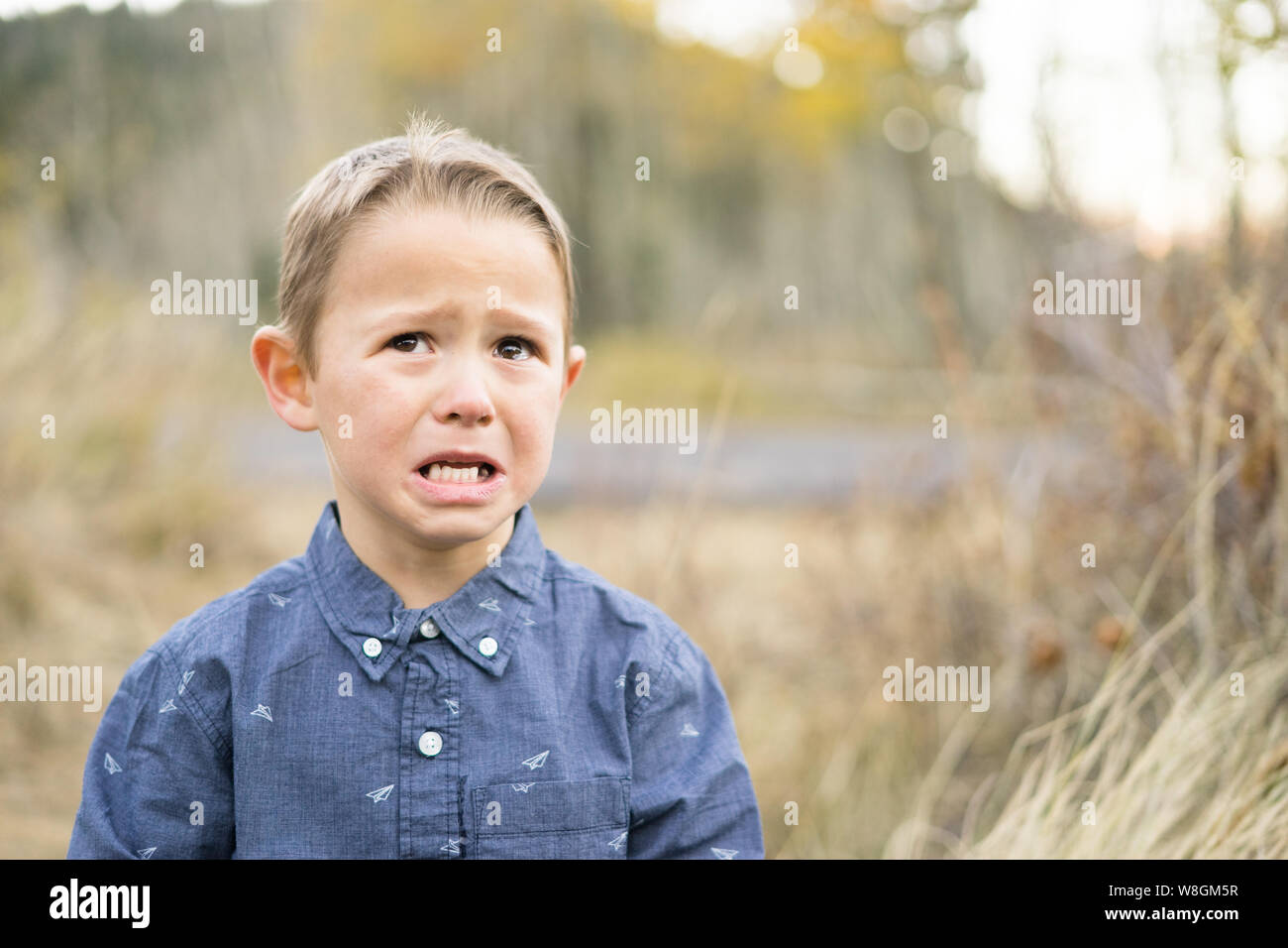 A little five year old boy cries while taking family pictures outdoors ...