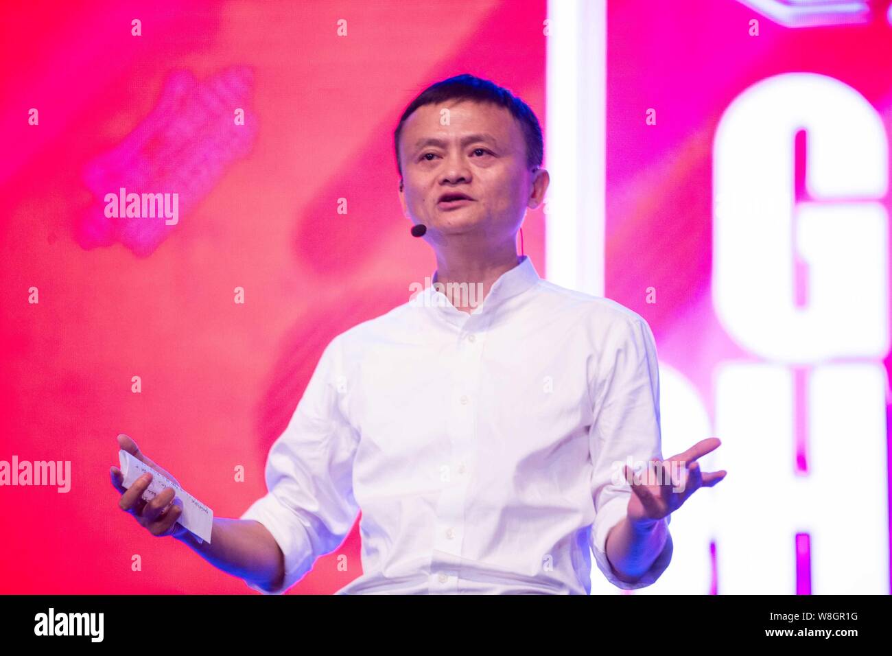 Jack Ma Yun, Chairman of Alibaba Group, delivers a speech at the launch event of the 2015 Tmall ...