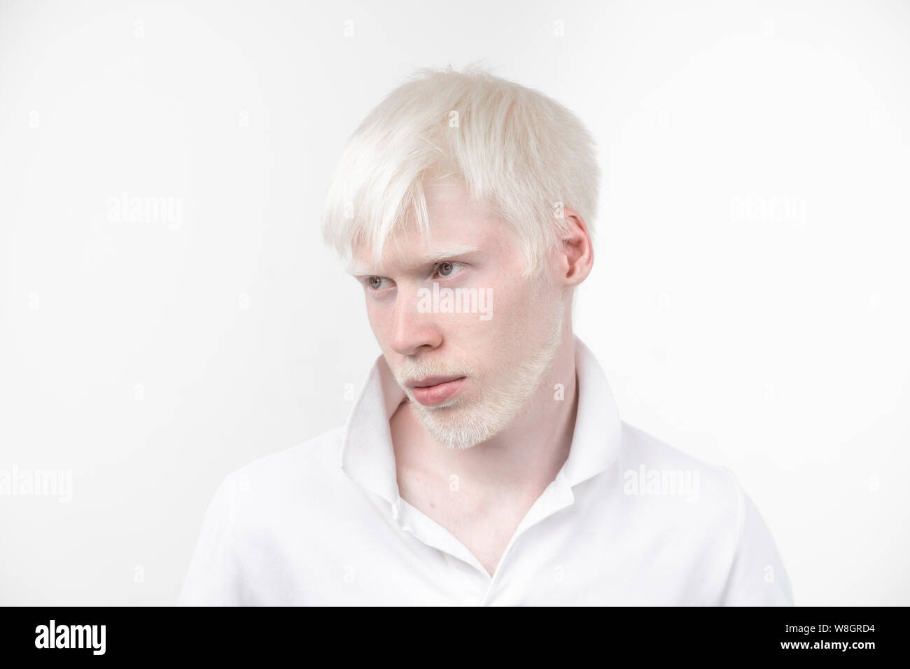 portrait of an albino man in studio dressed t-shirt isolated on a white ...