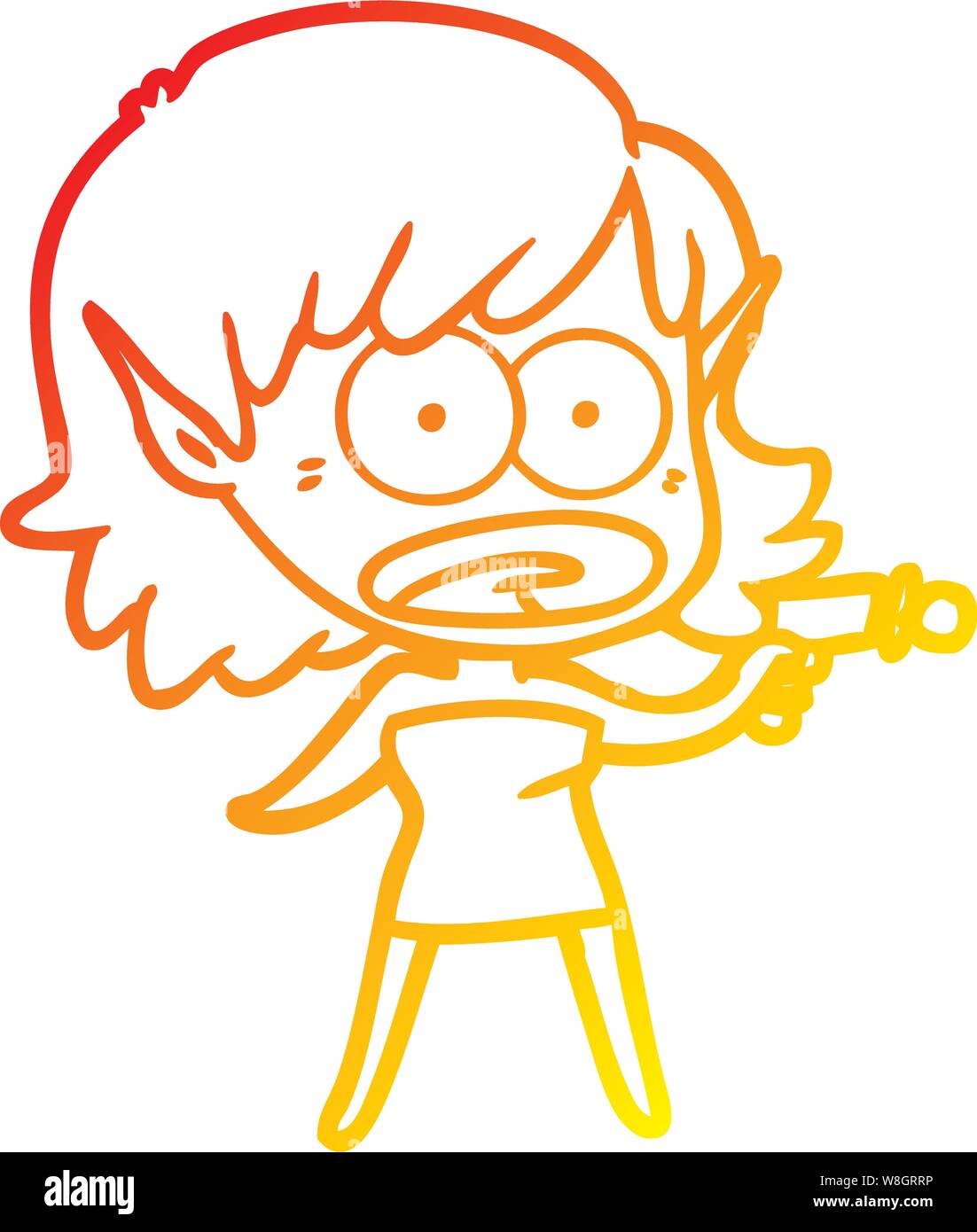 warm gradient line drawing of a cartoon shocked alien girl with ray gun ...