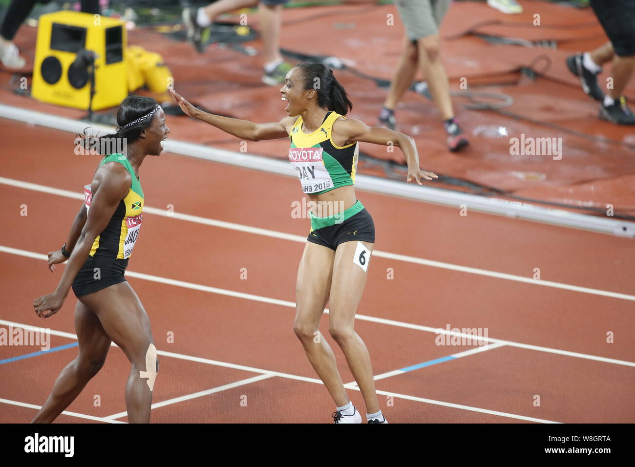 Jamaica's Shericka Jackson, left, and Christine Day celebrate after ...