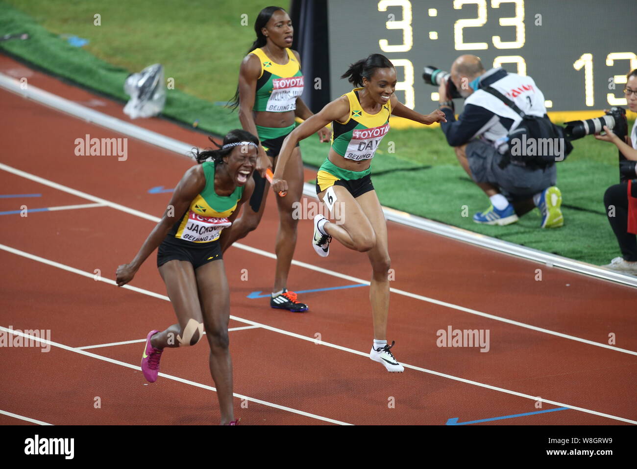 (From front) Jamaica's Shericka Jackson, Christine Day and Novlene ...