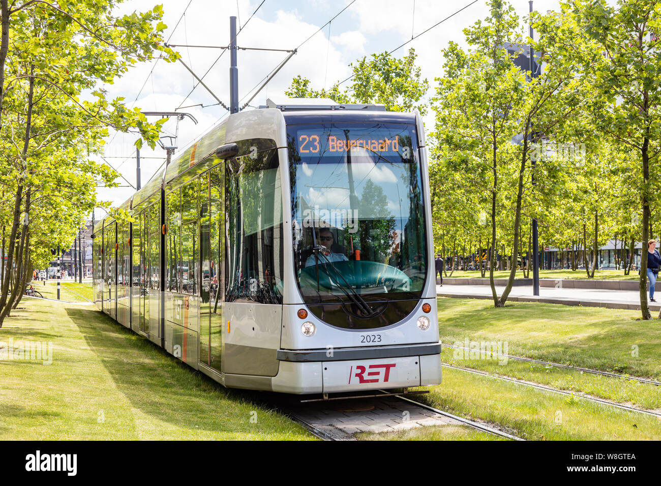 Rotterdam Netherlands, Junly 1st 2019. Tram in the city center, grass ...
