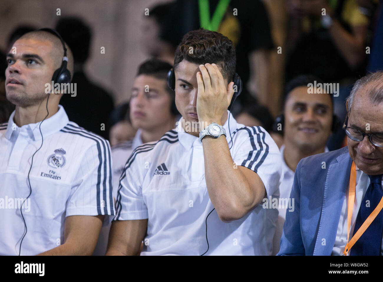 Cristiano Ronaldo of Real Madrid, center, reacts next to teammate Pepe ...