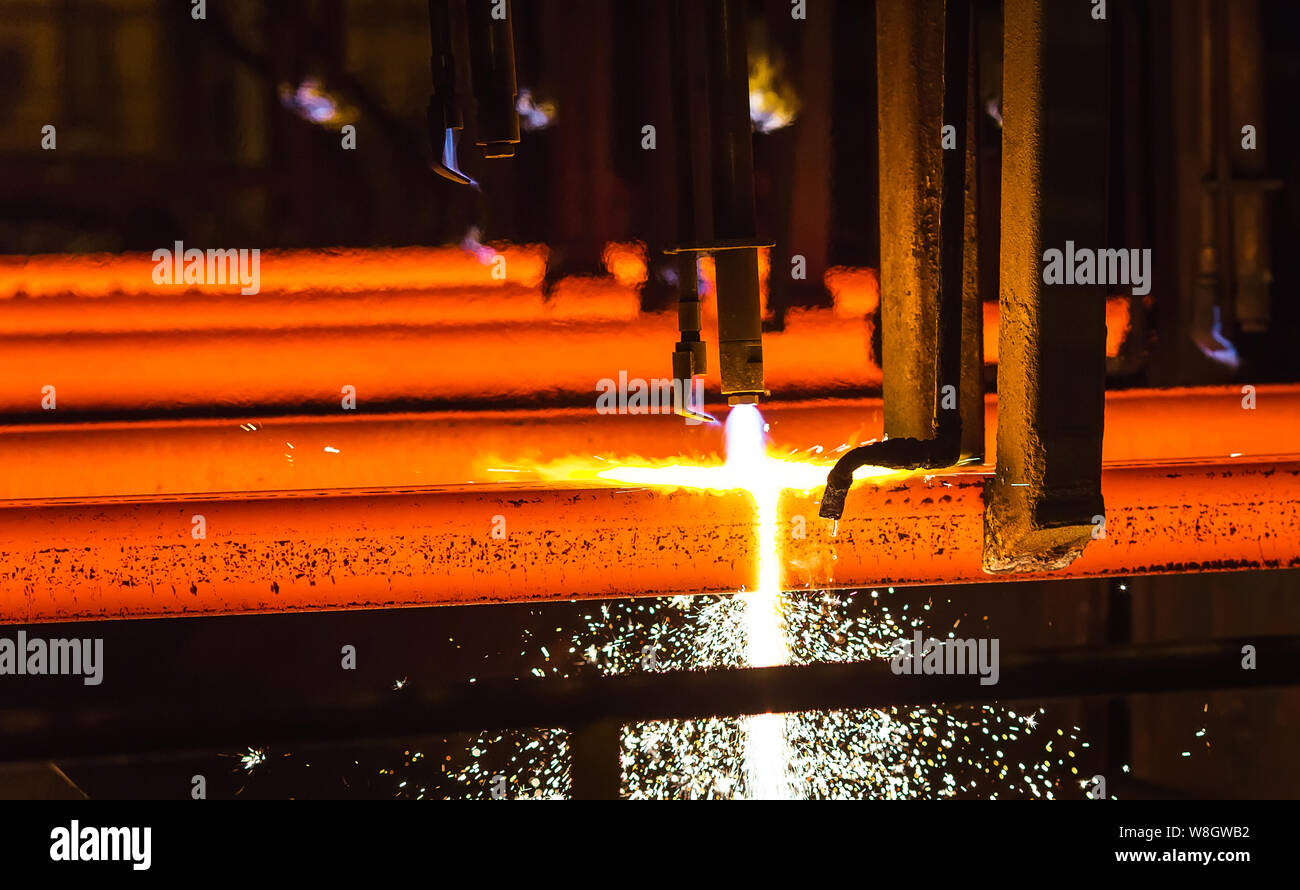 Steel Billets at Torch Cutting. Hot billet bloom continuous casting ...