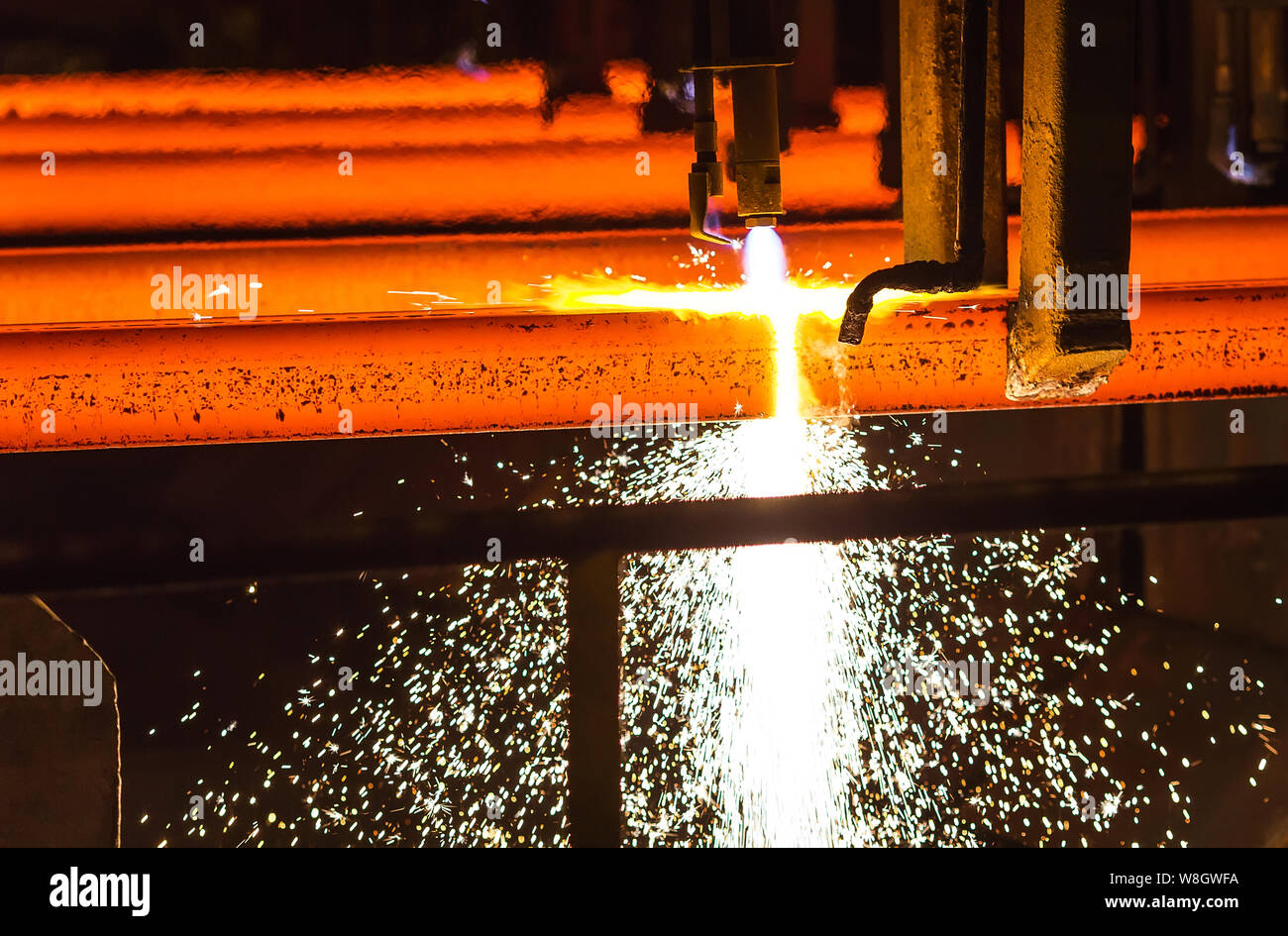 Steel Billets at Torch Cutting. Hot billet bloom continuous casting ...