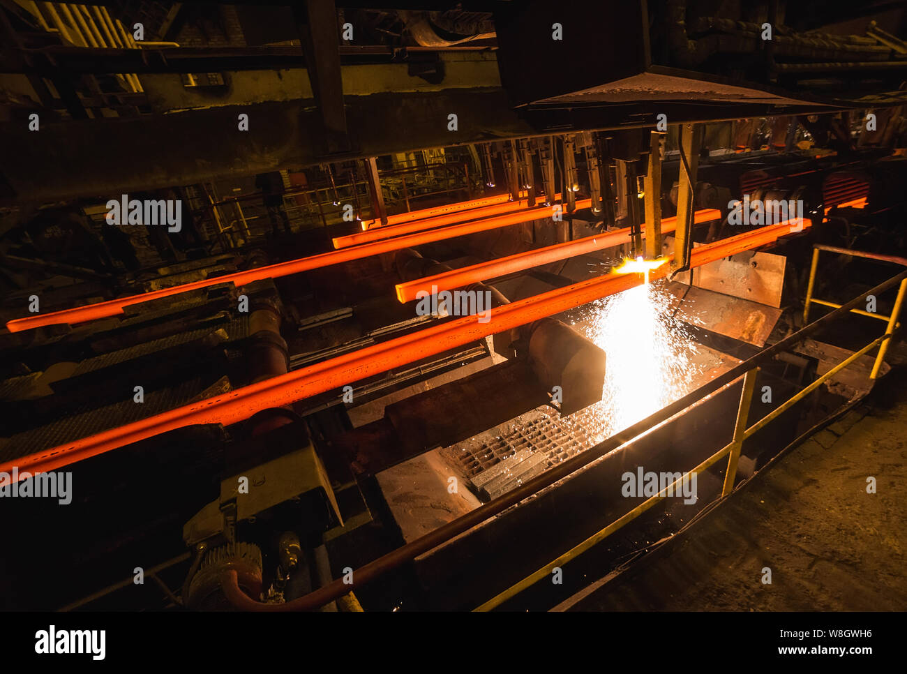 Steel Billets at Torch Cutting. Hot billet bloom continuous casting ...